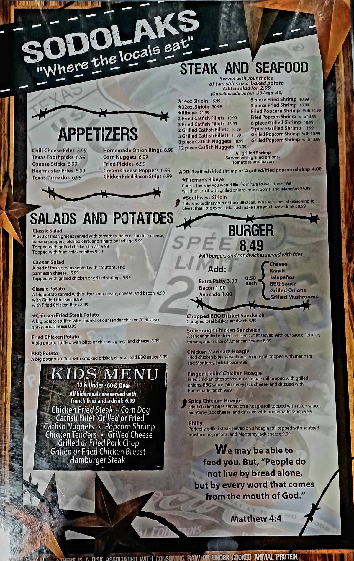 Menu at Sodolaks Beefmasters Restaurant, Bryan