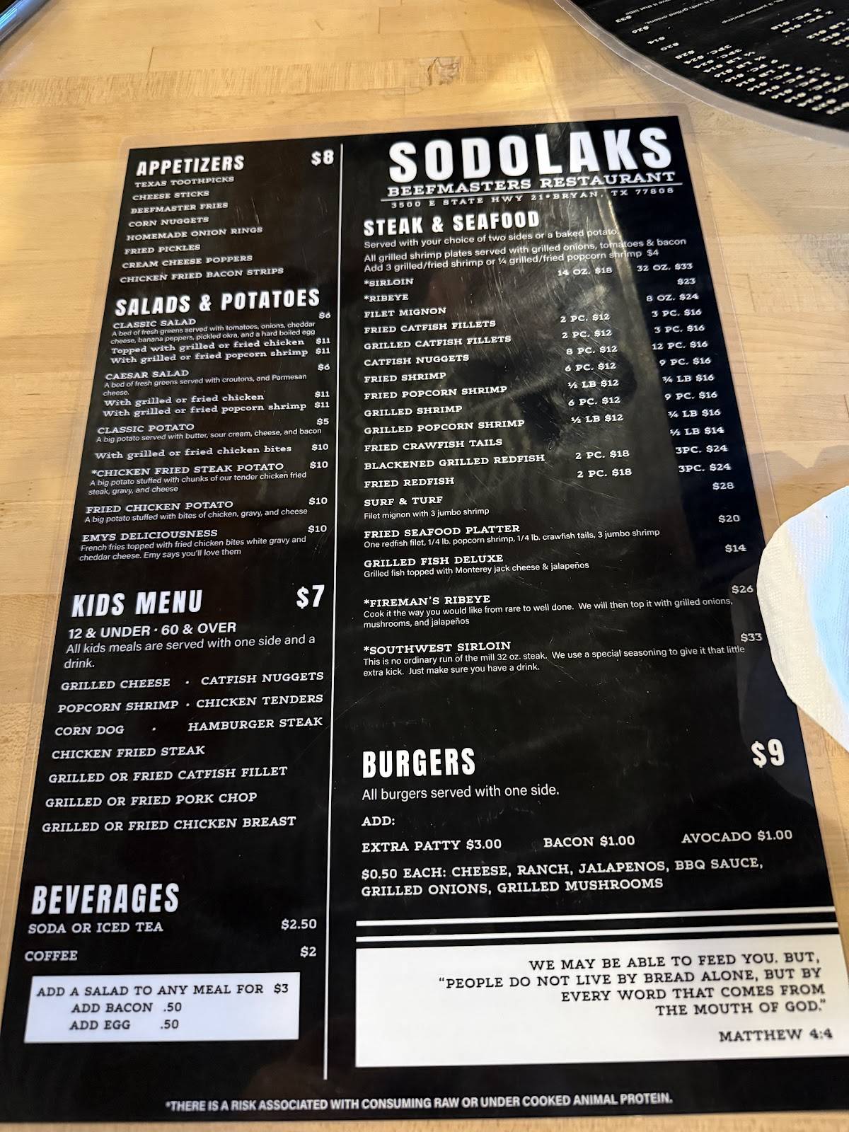 Menu at Sodolaks Beefmasters Restaurant, Bryan