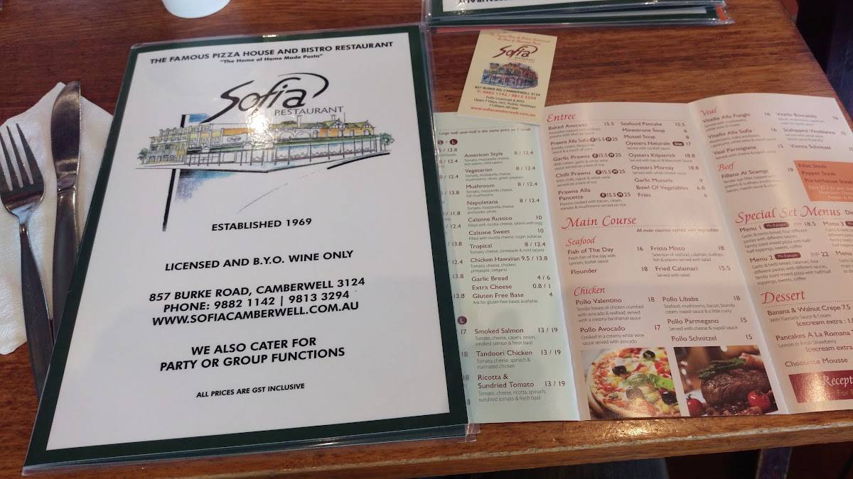 Menu at Sofia Camberwell fast food, Camberwell