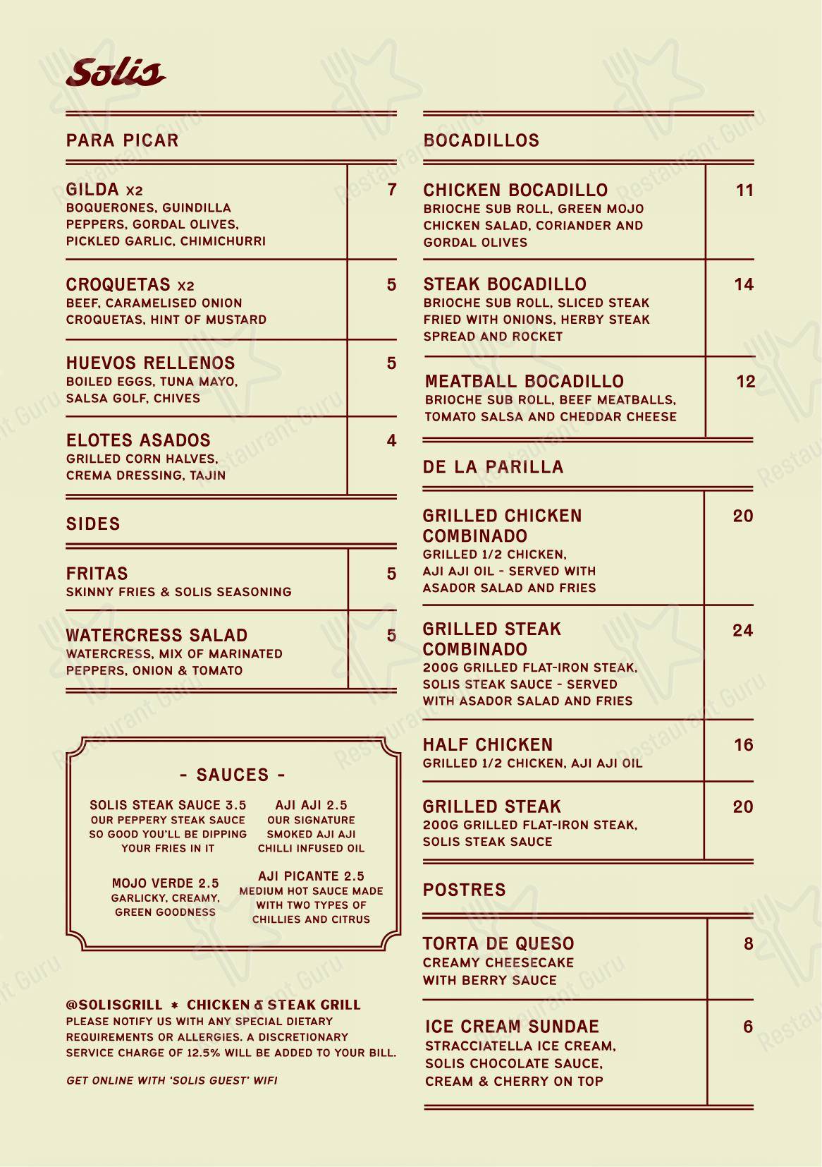 Menu at Solis restaurant, London