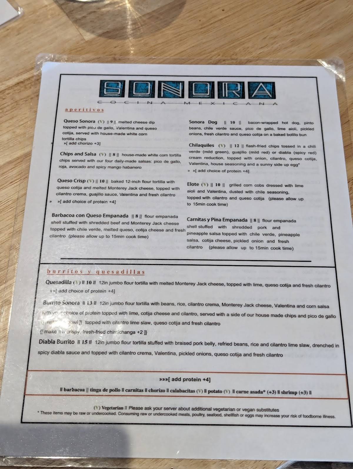 Menu at Sonora Cocina Mexicana restaurant, Asheville