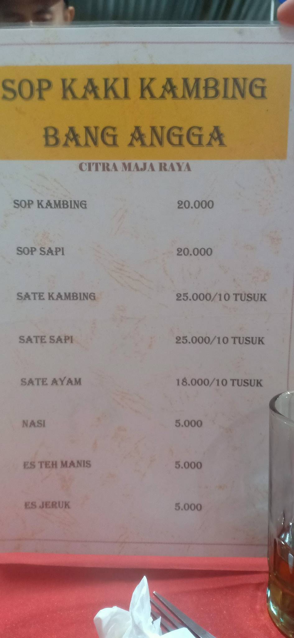 Menu at Sop Kaki Kambing & Soto Sapi restaurant, Indonesia