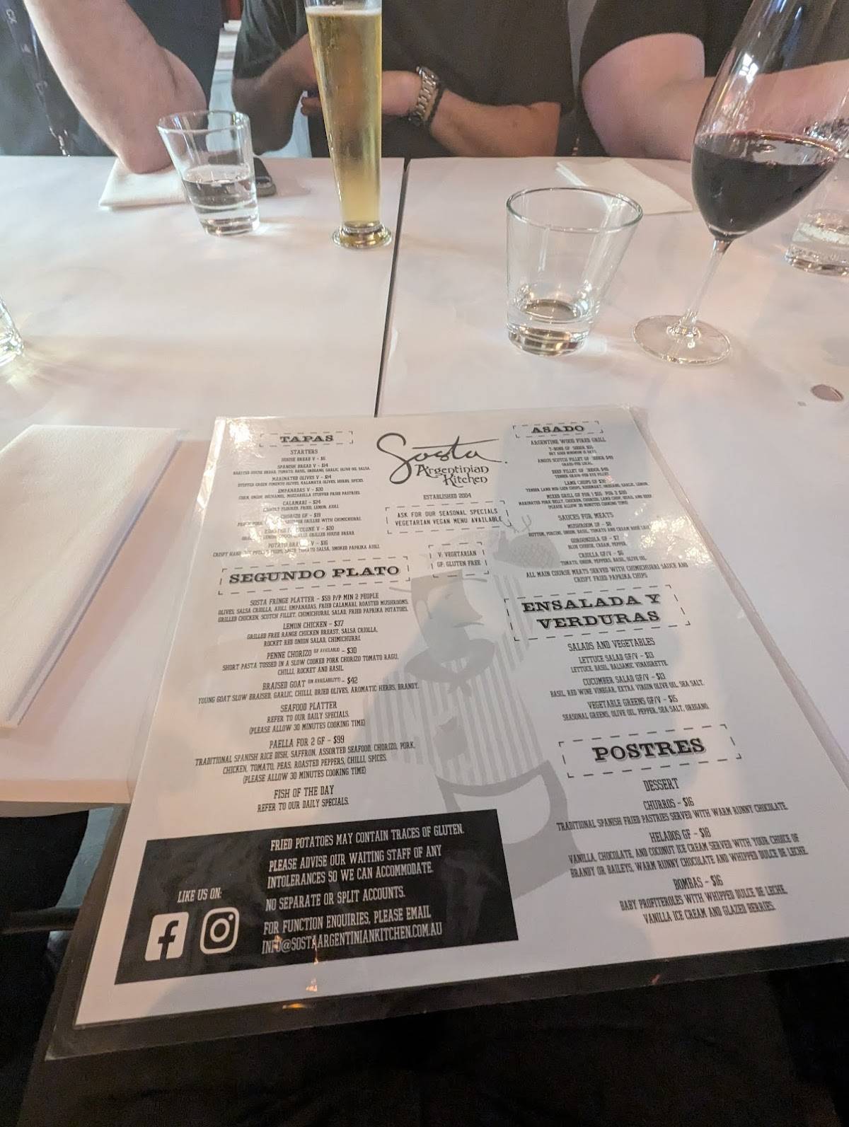 Menu at Sosta Argentinian Kitchen restaurant, Adelaide