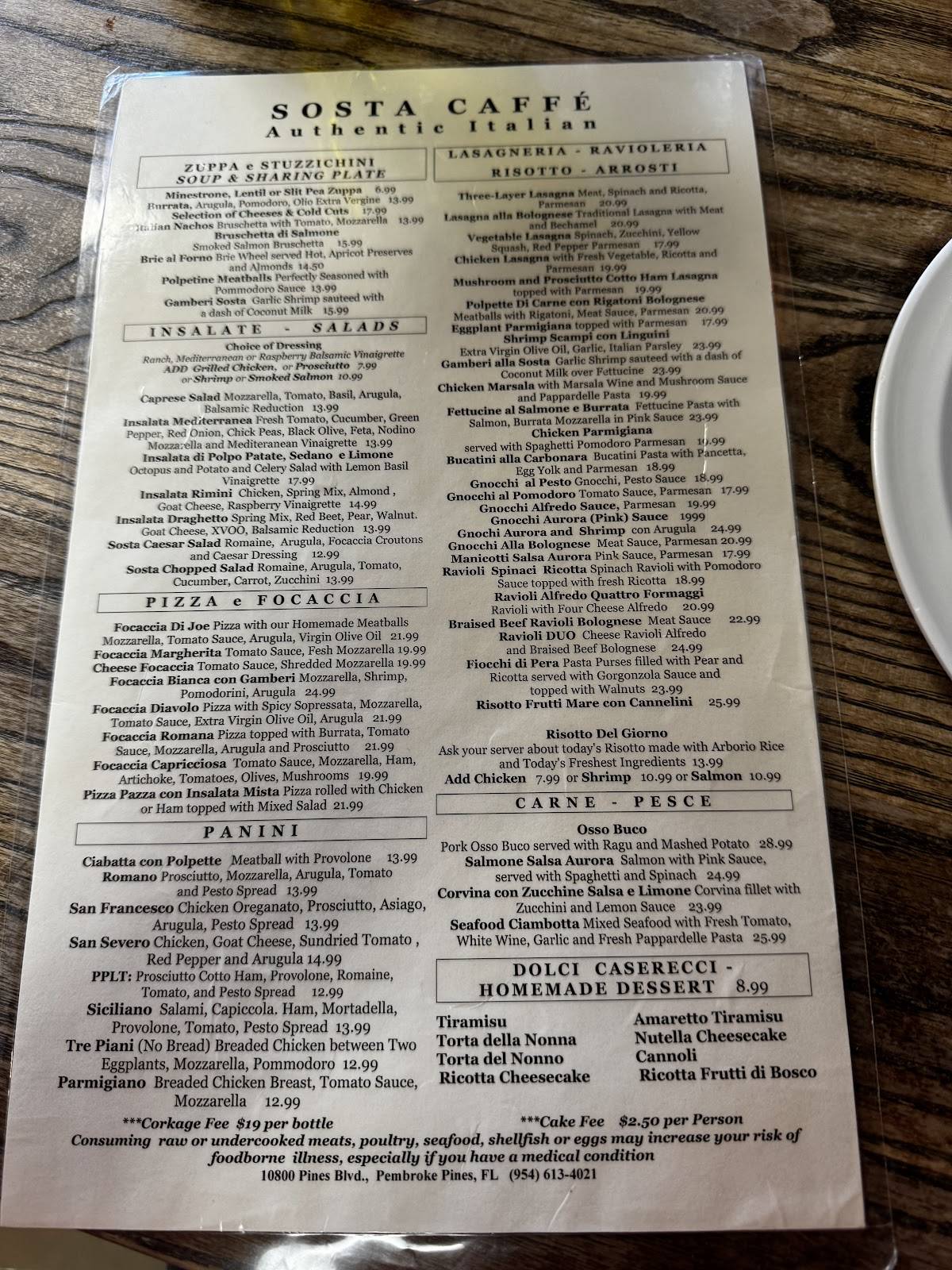 Carta del postres Sosta Caffé, Pembroke Pines, Pines Blvd