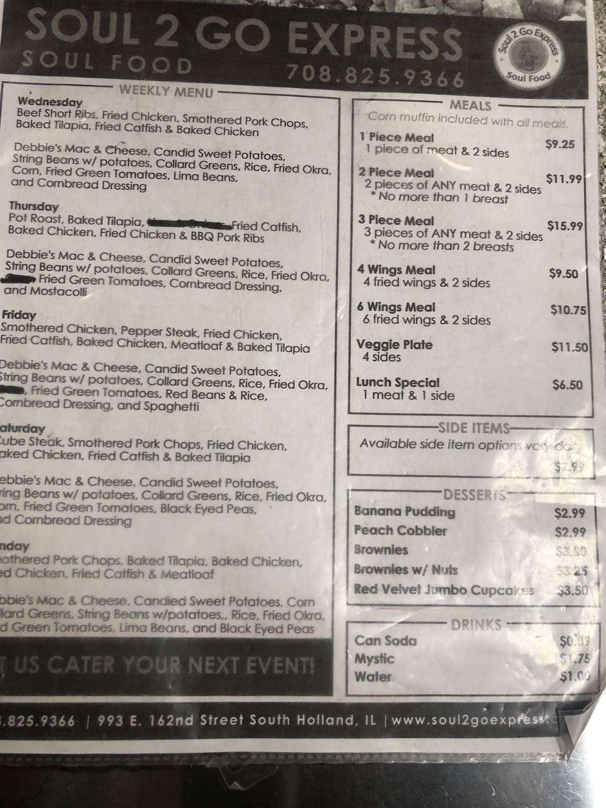 Menu at Soul 2 Go Express restaurant, South Holland, 993 E 162nd St