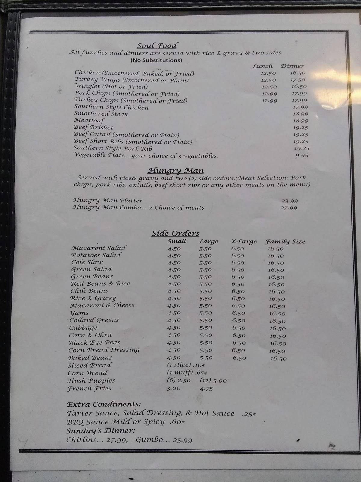 Menu at Soul Food Renaissance restaurant, Long Beach