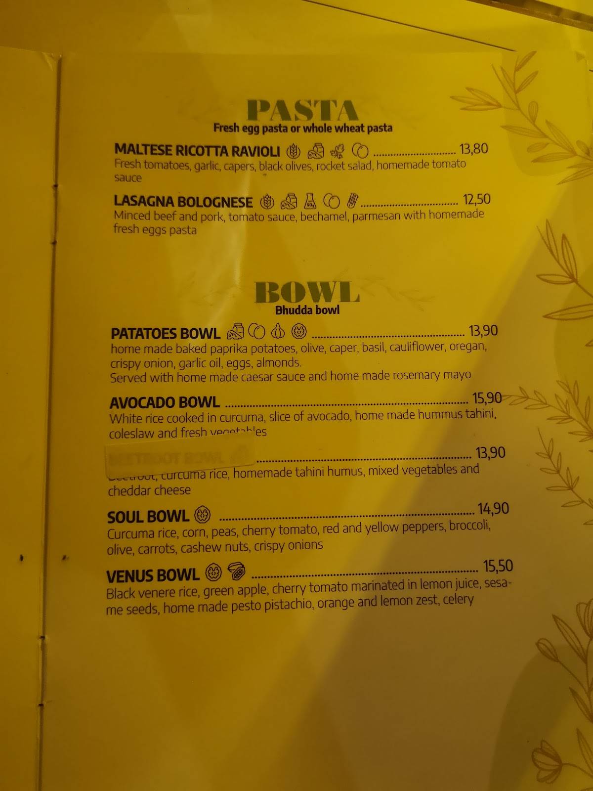 Menu at Soul Food restaurant, Valletta