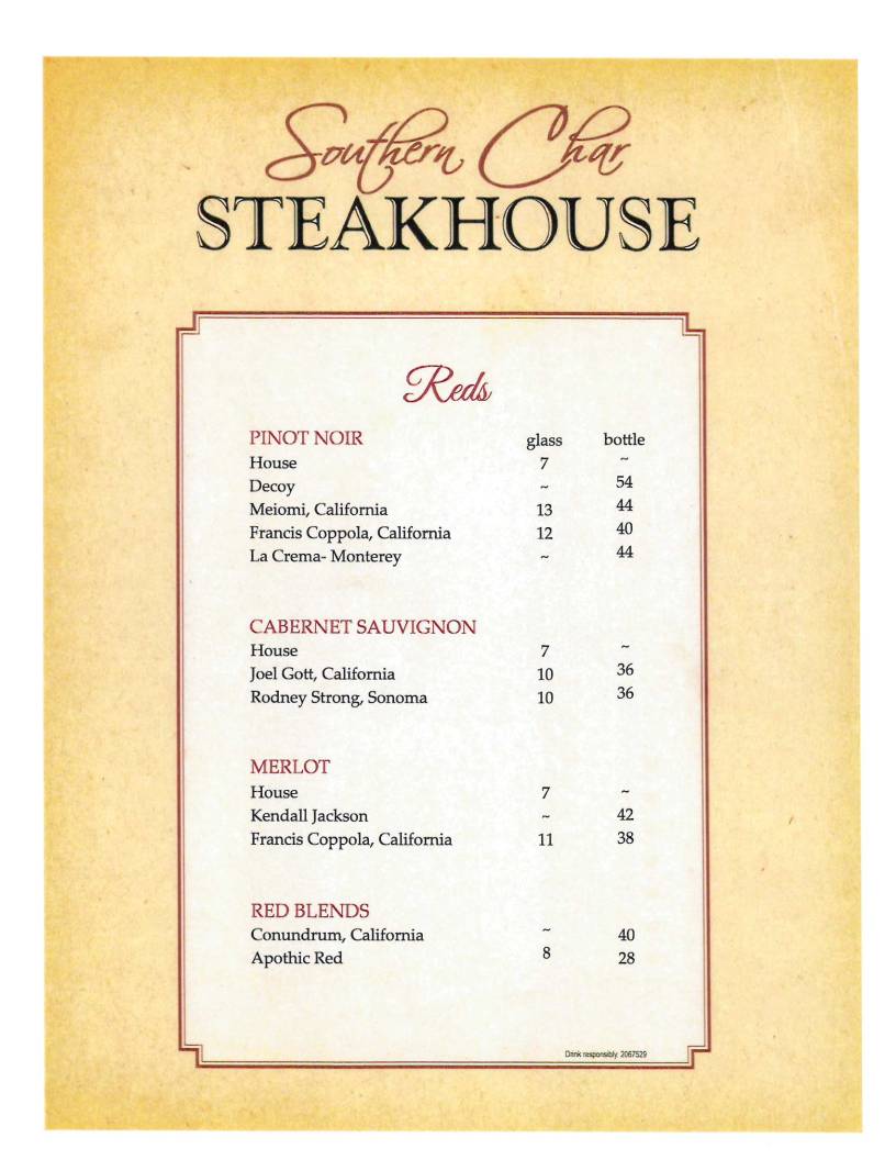 Menu at Southern Char Steakhouse, Picayune