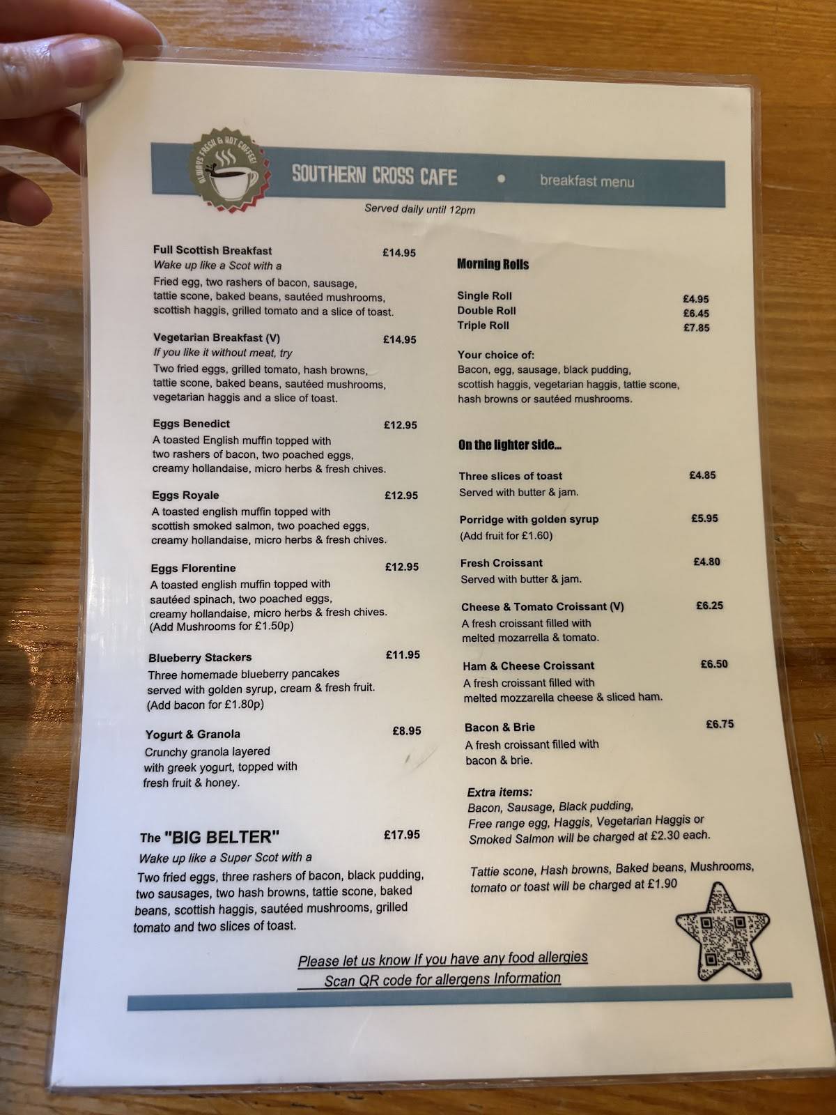 Menu at Southern Cross Cafe, Edinburgh