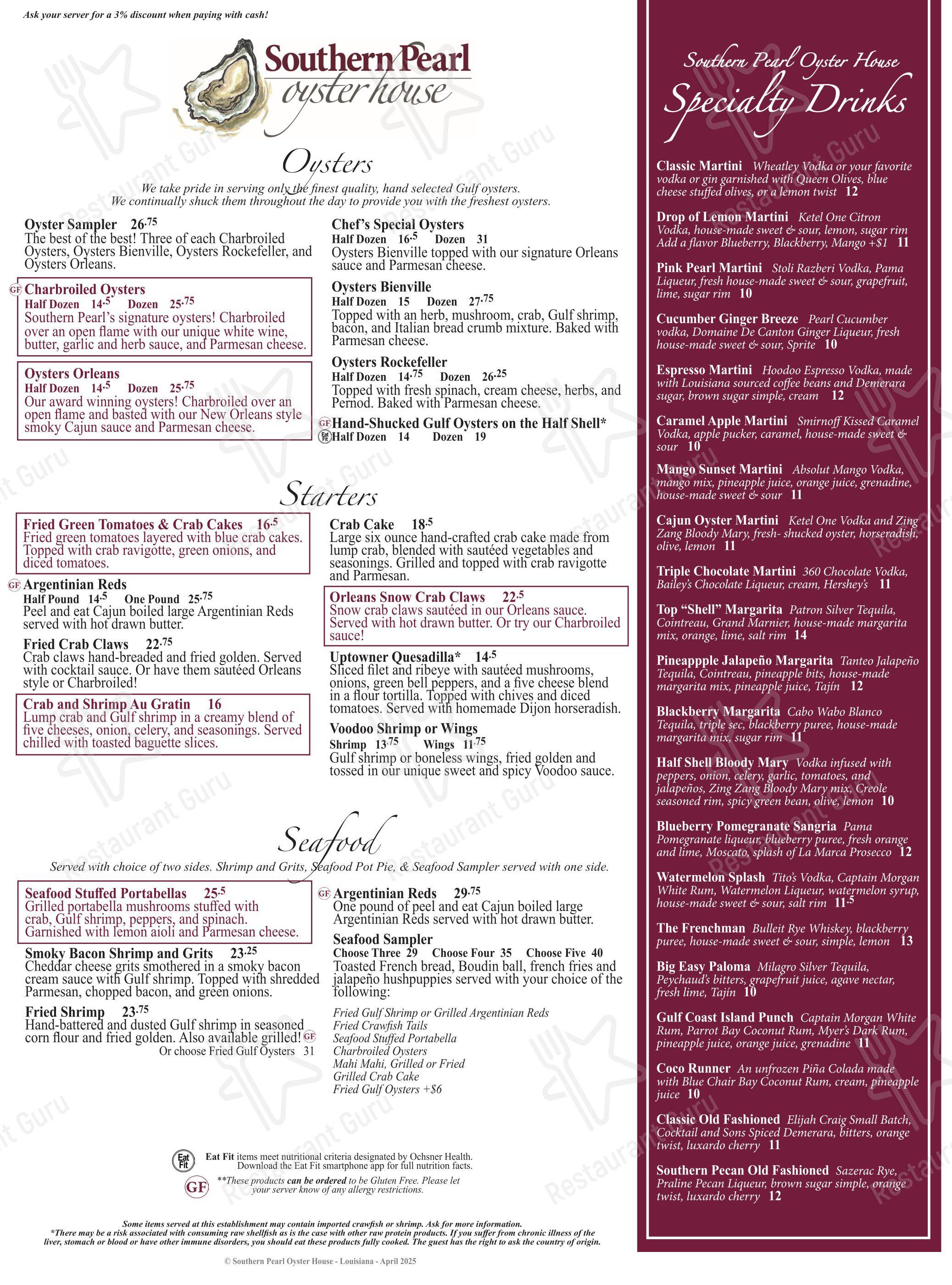 Menu at Southern Pearl Oyster House restaurant, Baton Rouge