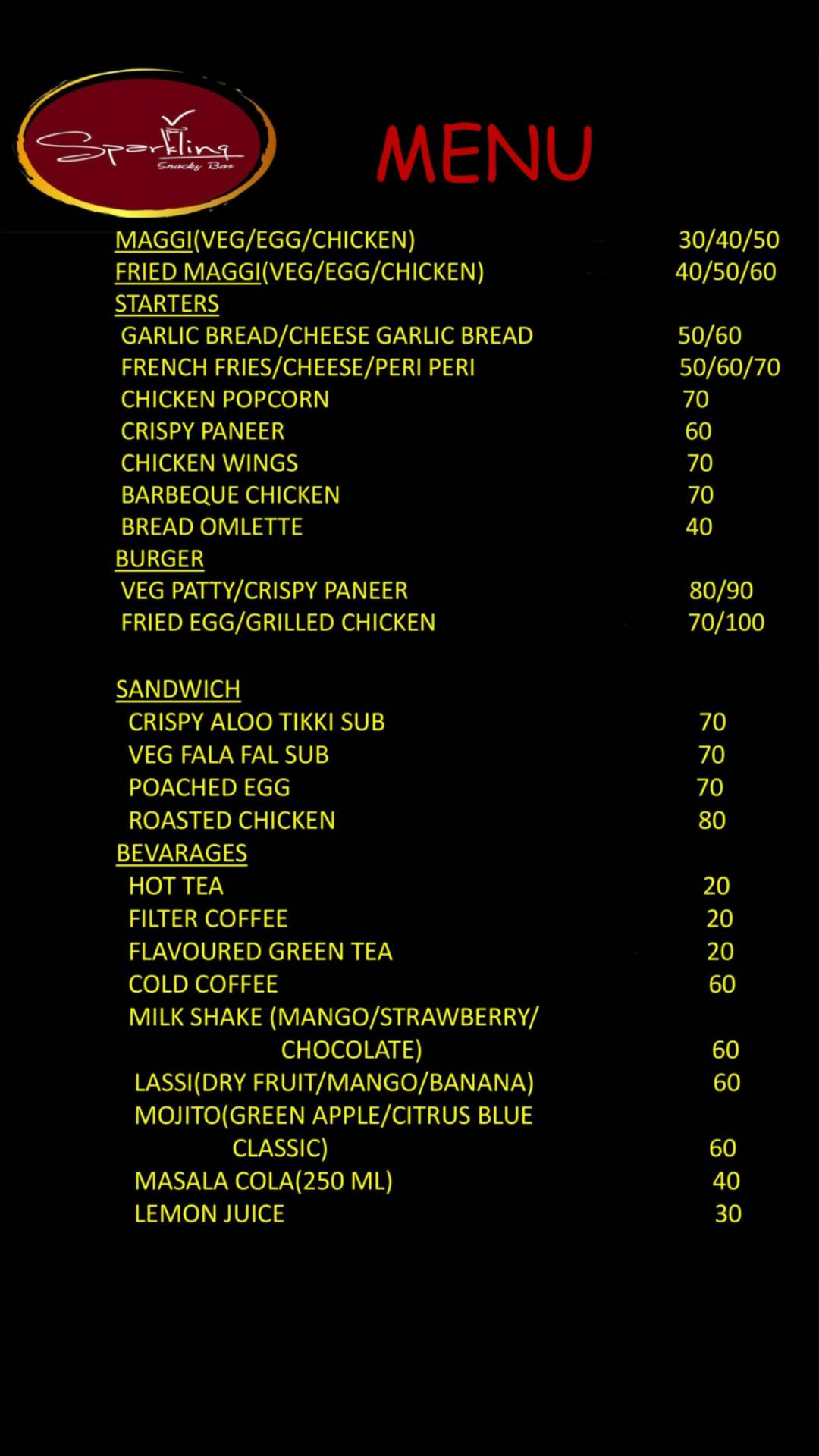 Menu at Sparkling snacks bar, Bengaluru