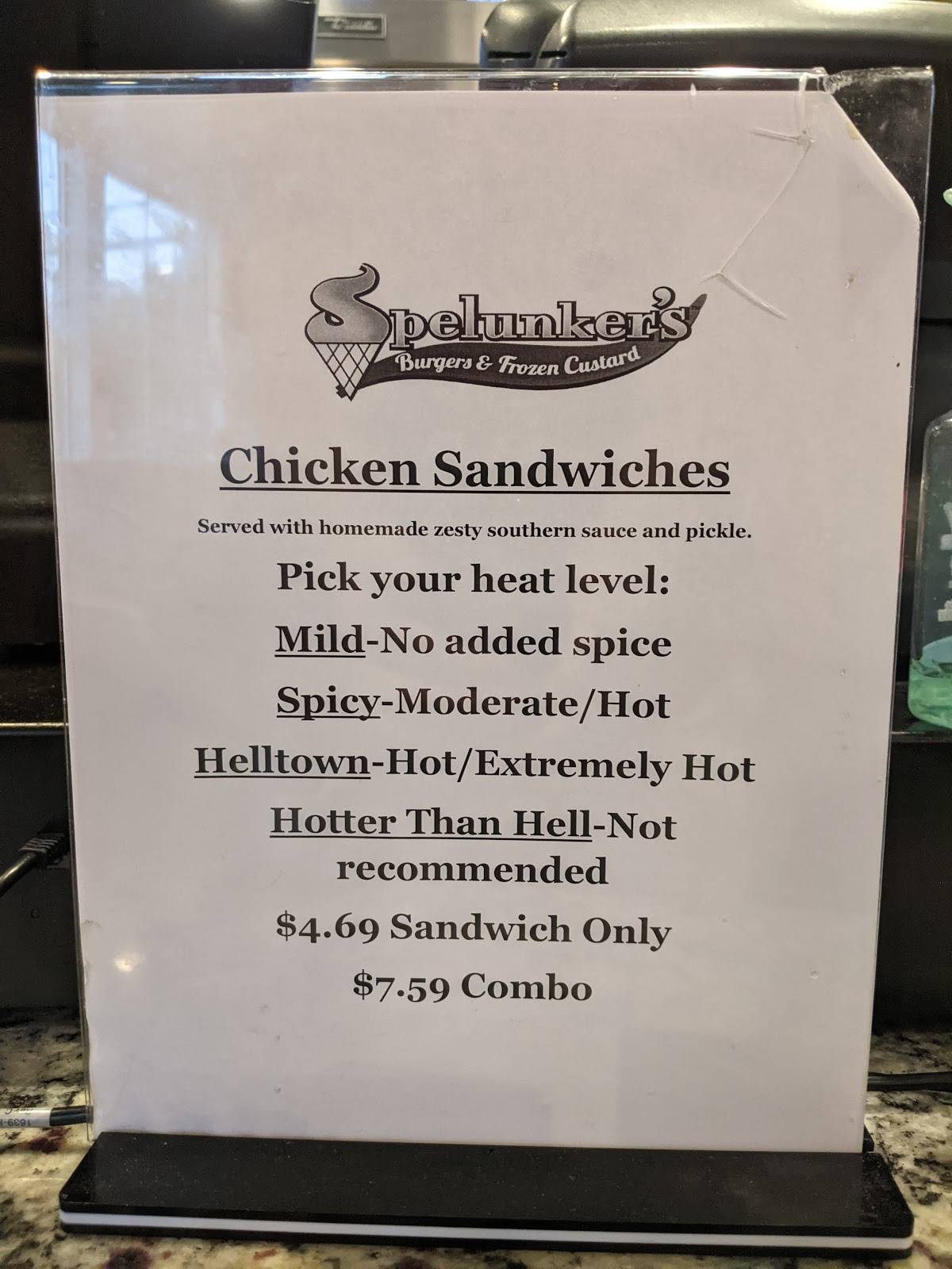 Menu at Spelunker's restaurant, Front Royal