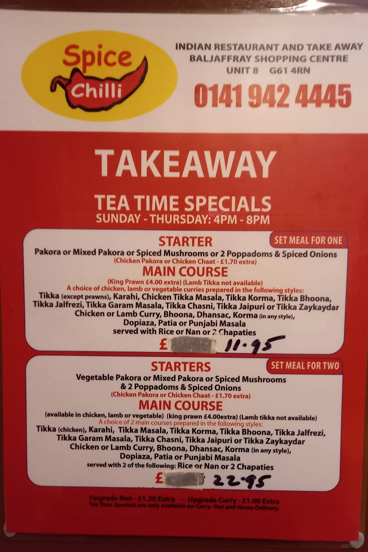 Menu at Spice Chilli restaurant, Glasgow, Baljaffray Shopping Centre