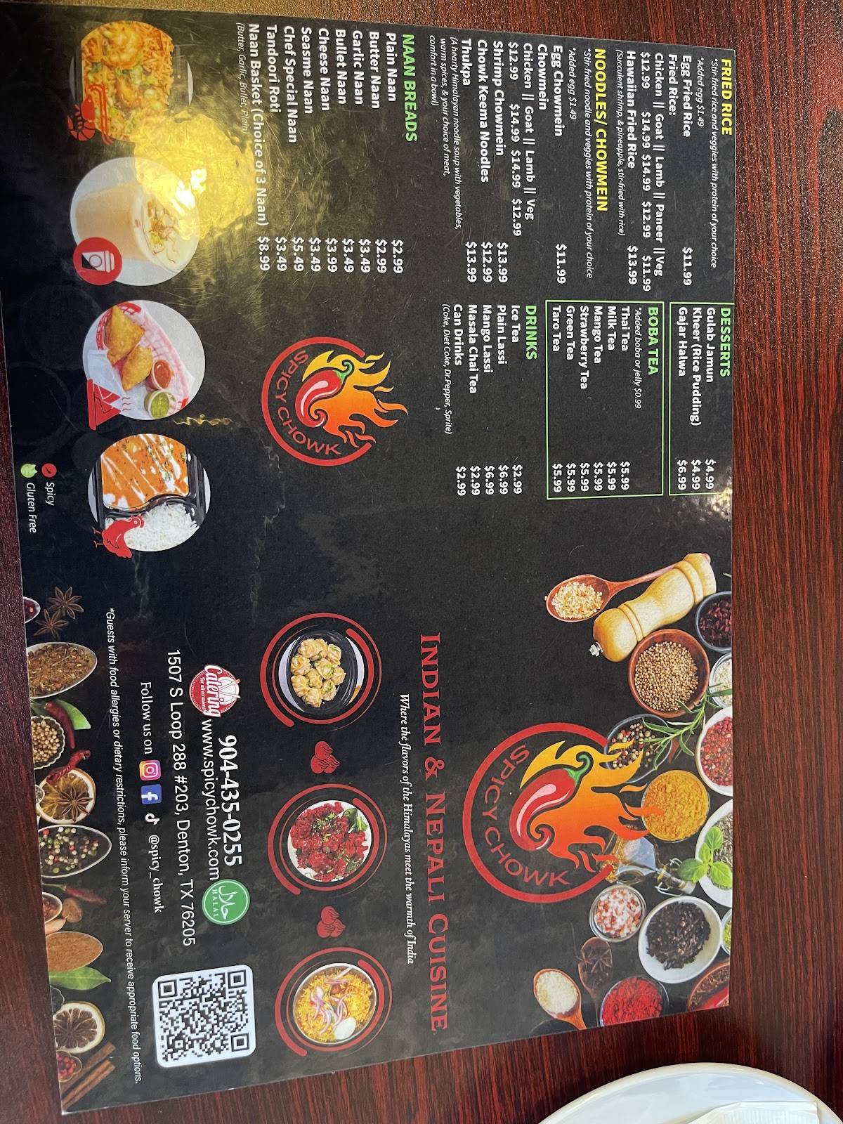 Menu at Spicy Chowk restaurant, Denton