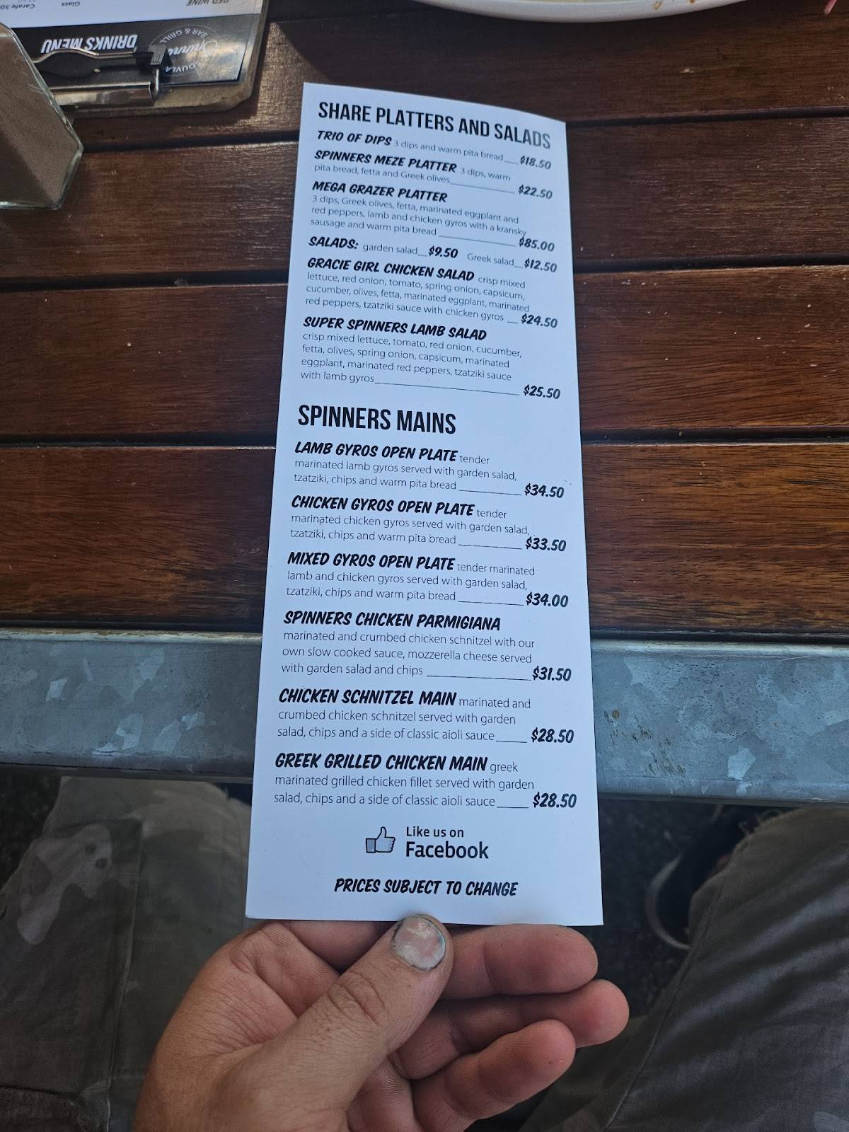 Menu at Spinner's Souvlaki Bar And Grill, Healesville