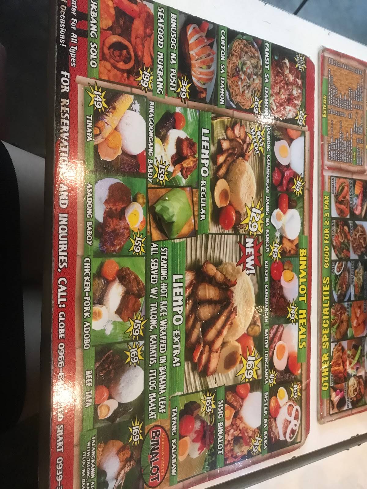 Menu at Splash & Sizzles Binalot Restaurant, Angeles