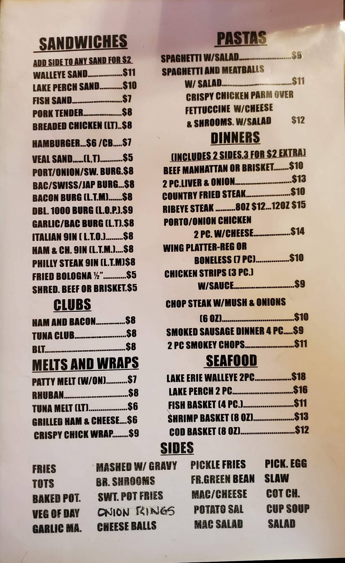 Menu at Splinter's Cafe, Carey