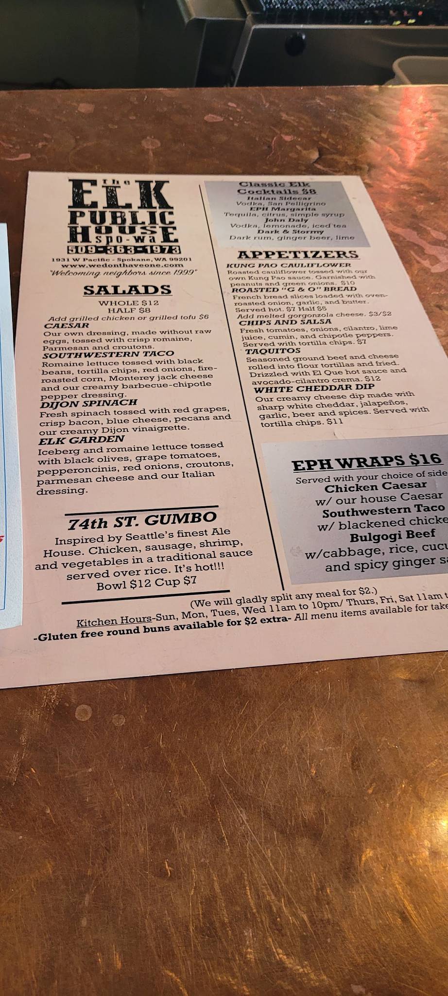Menu at The Elk pub & bar, Spokane