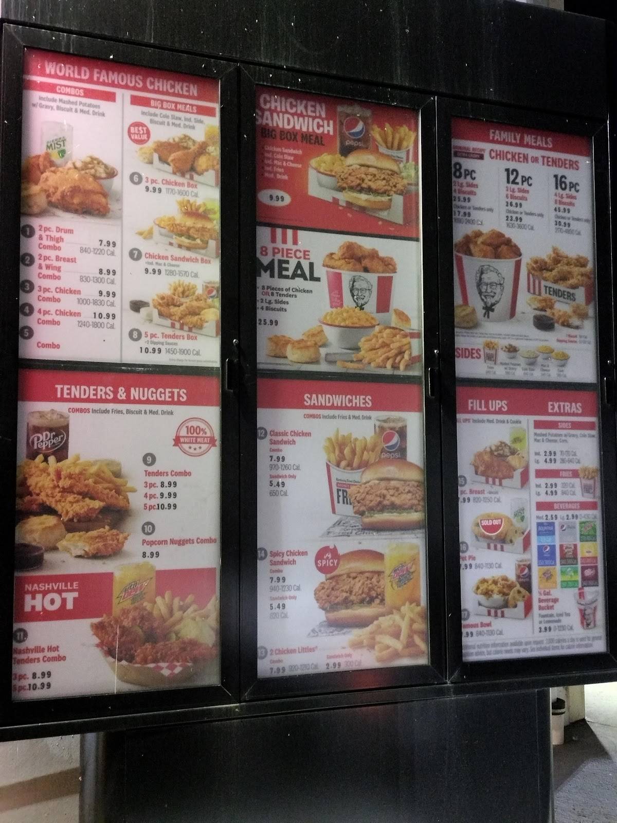 Menu at KFC fast food, Springfield, Main St