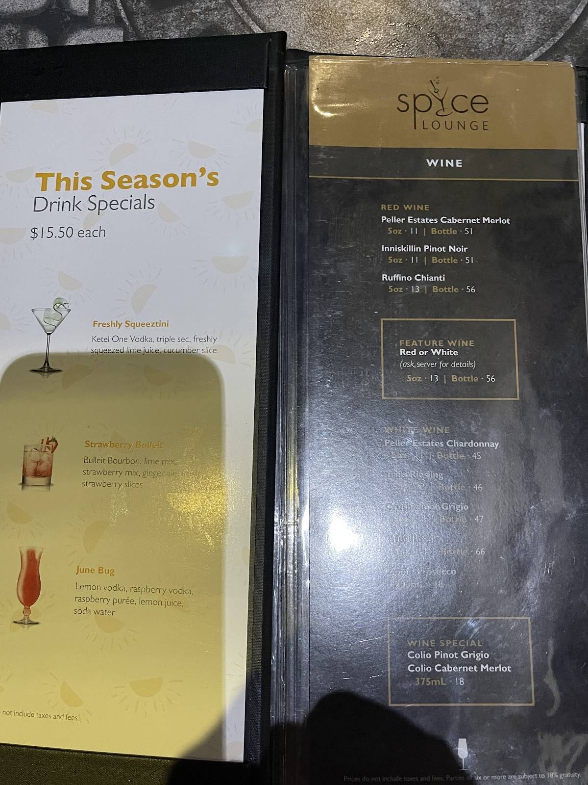Menu at Spyce Lounge pub & bar, Niagara Falls