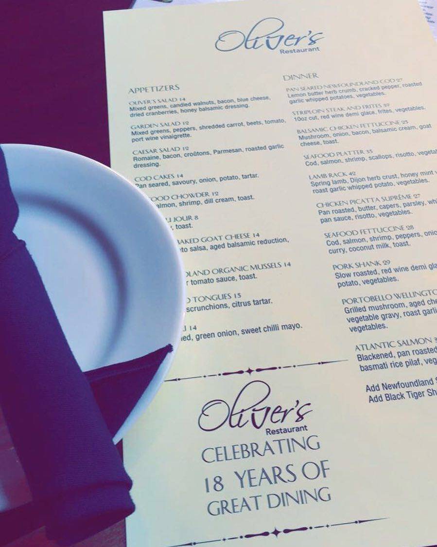 Menu at Oliver's Restaurant, St. John's