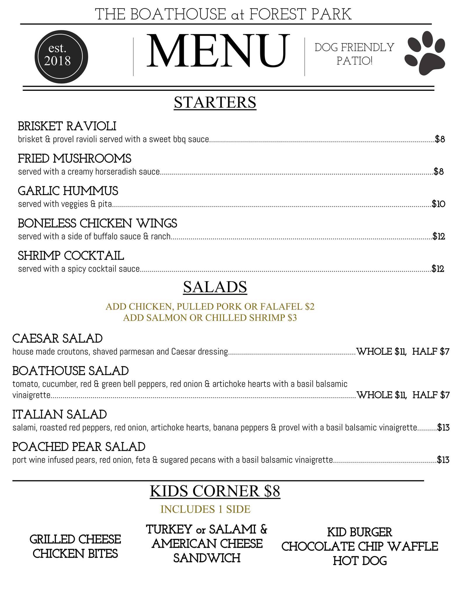 Menu at Boathouse at Forest Park restaurant, St. Louis