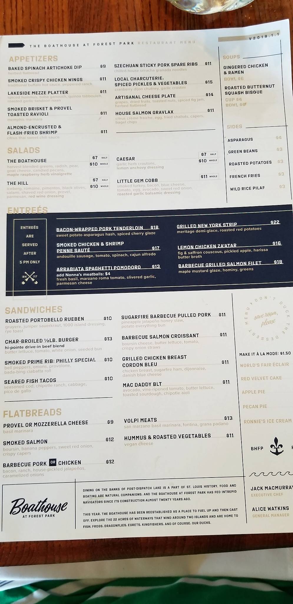Menu at Boathouse at Forest Park restaurant, St. Louis