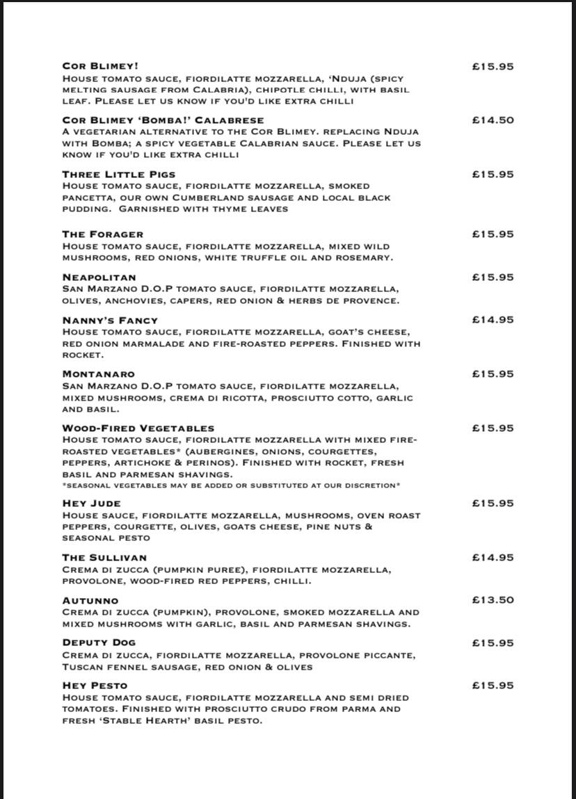 Menu at Stable Hearth pizzeria, Darlington, 33-35 Duke St