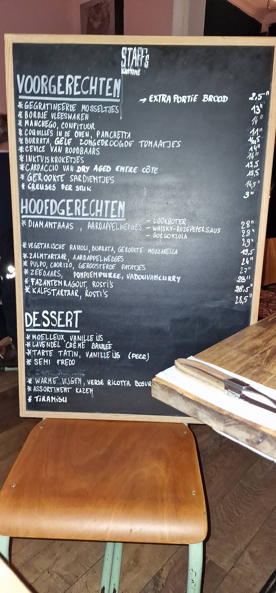 Menu at Staff’s Kantine, Antwerp, Graaf van Egmontstraat 19