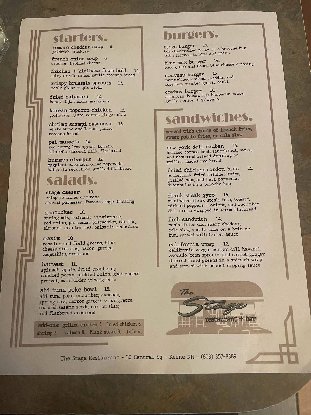 Menu at Stage Restaurant, Keene