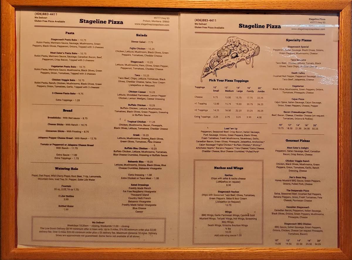 Menu at Stageline Pizza pizzeria, Polson, US-93