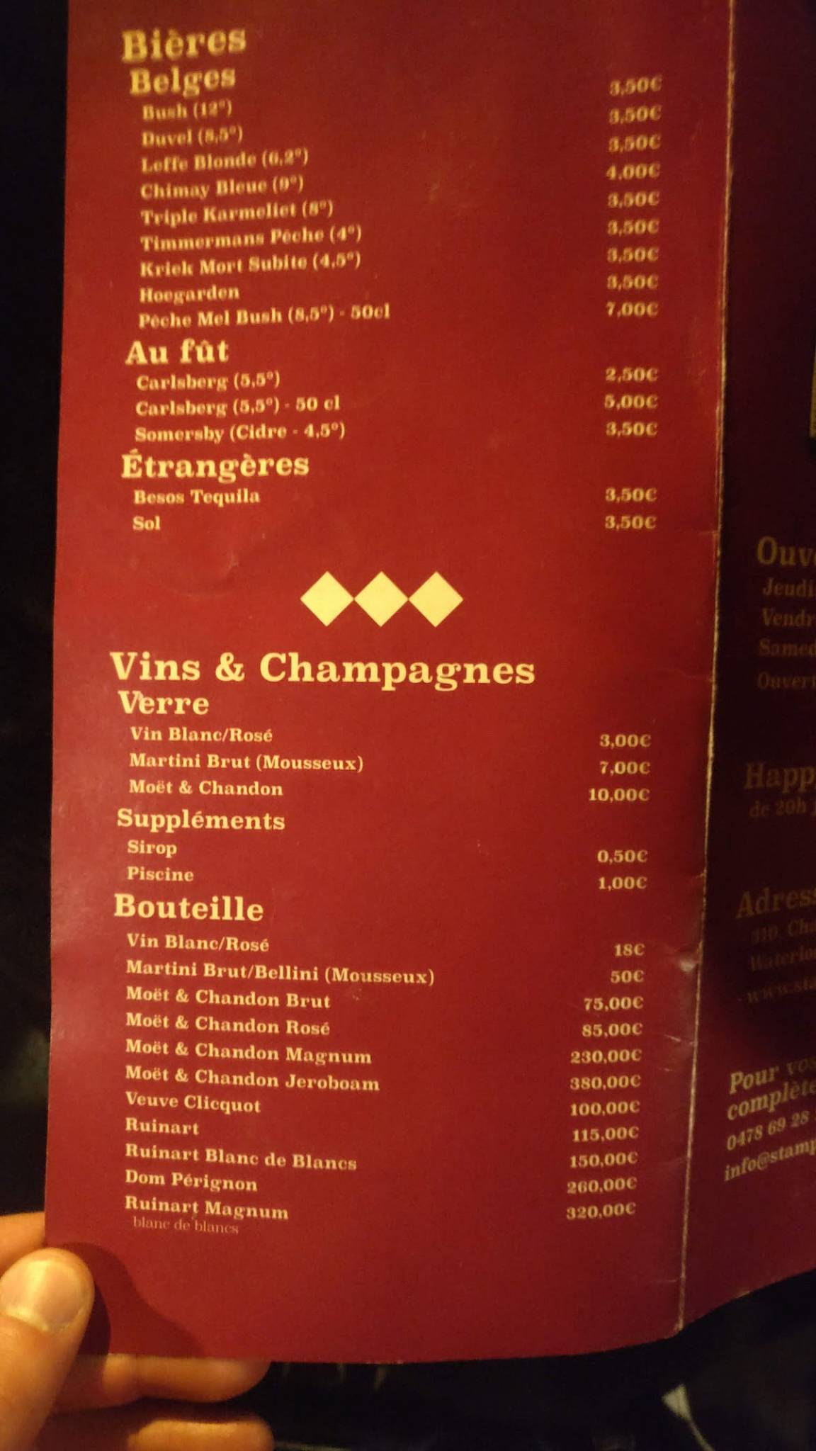 Menu at Stamp, Waterloo, Chau. de Bruxelles 310