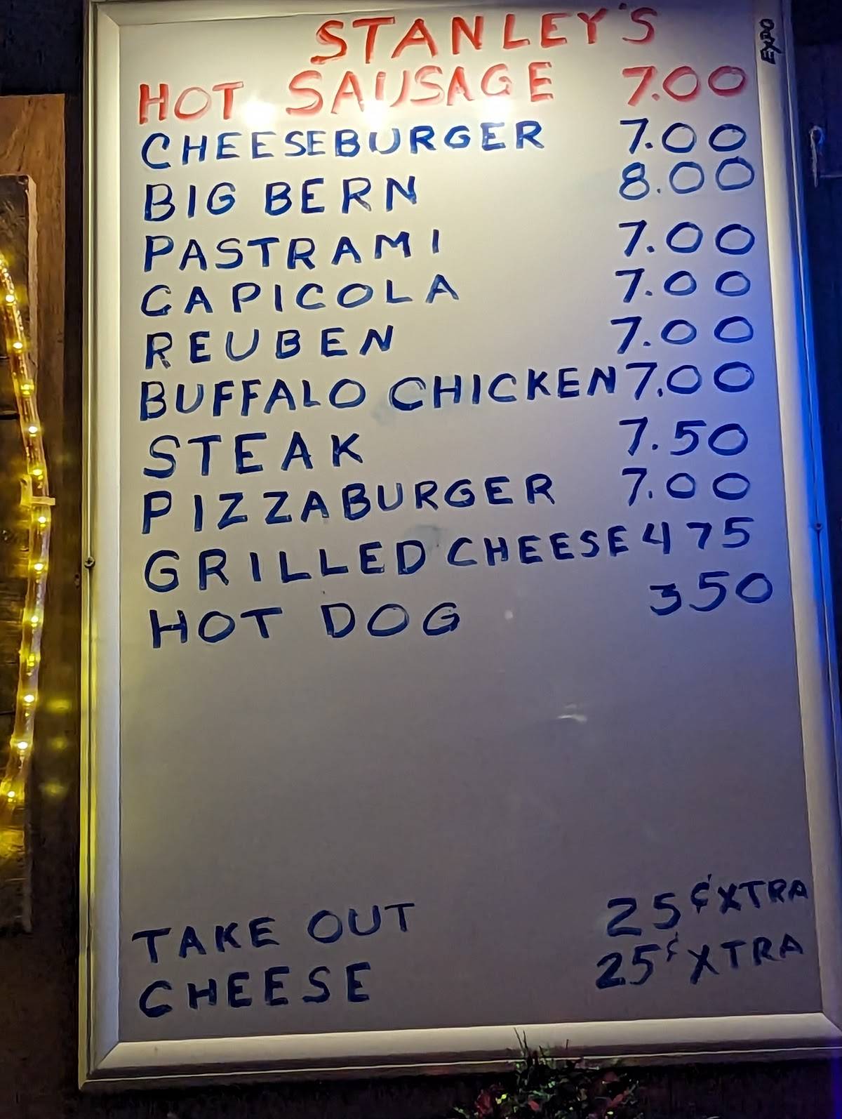 Menu at Stanley's Bar & Grill, Ford City