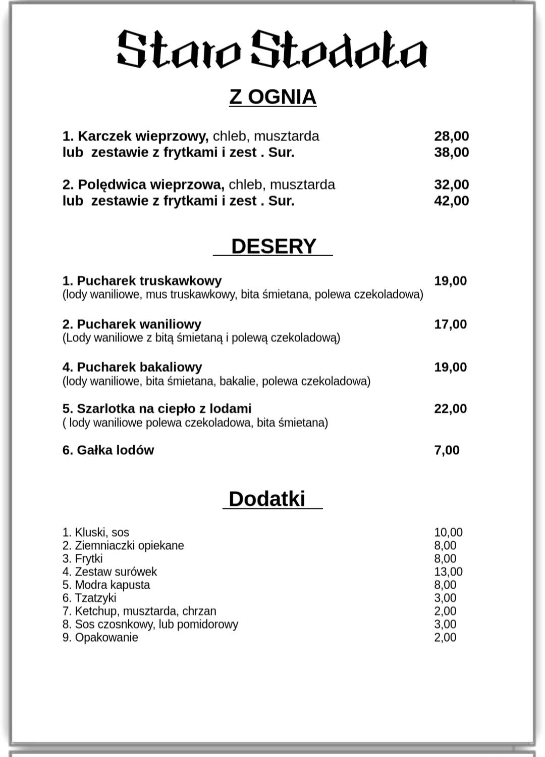 Menu at Staro Stodoła restaurant, Wodzislaw Slaski