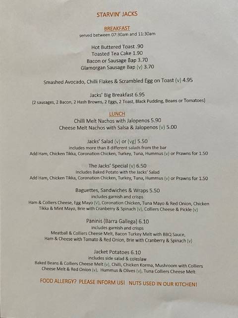 Menu at Starvin' Jacks cafe, Swansea, Enterprise Park