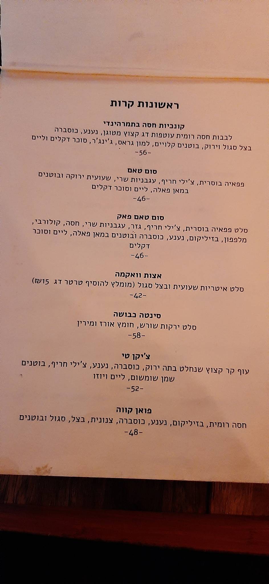 Menu at Station 9 restaurant, Jerusalem