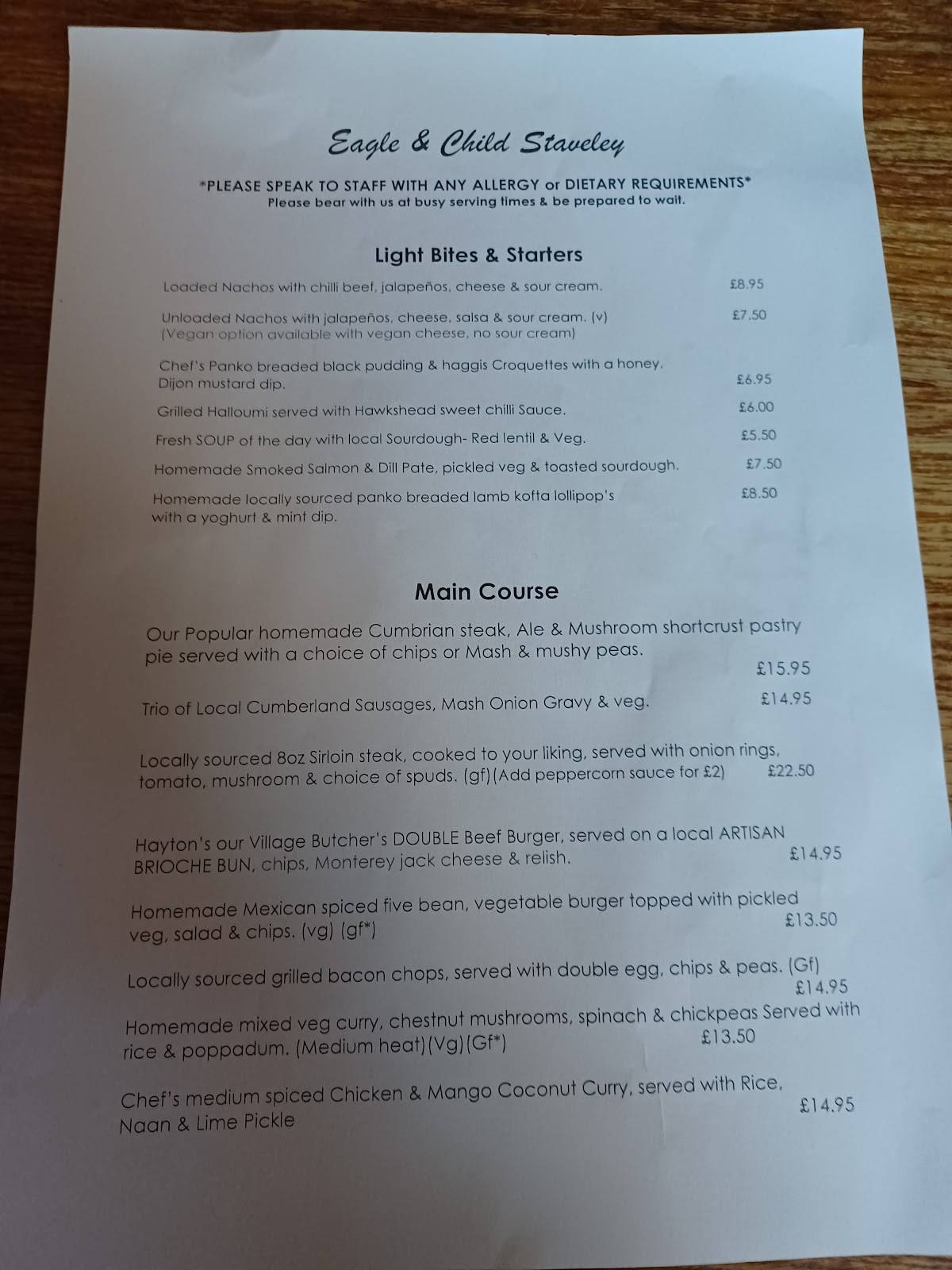 Menu at The Eagle & Child Inn pub & bar, Staveley