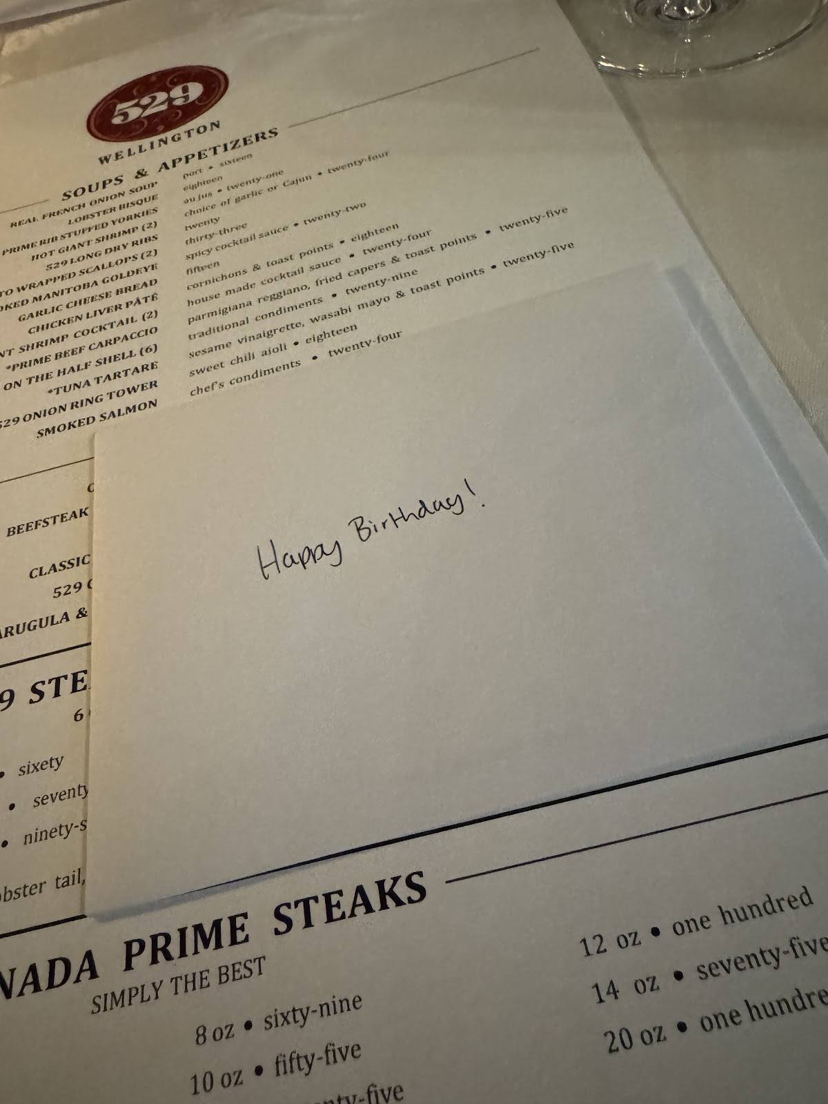 Menu at 529 Wellington Steakhouse, Winnipeg