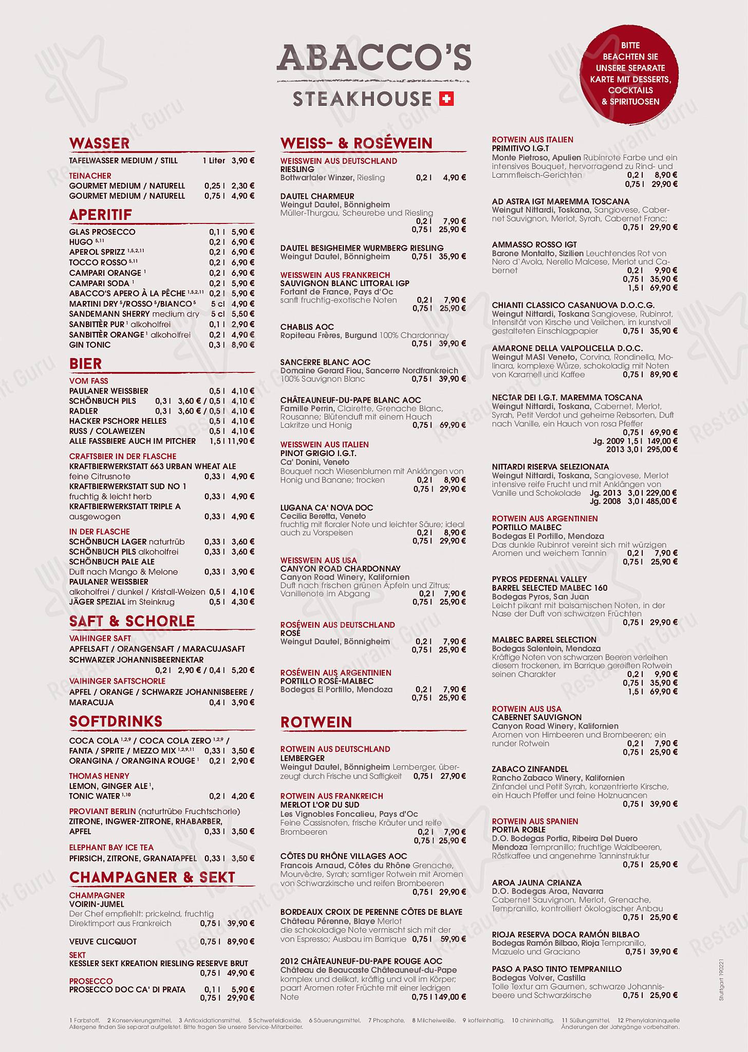 Speisekarte von ABACCO´S STEAKHOUSE, Korntal-Münchingen