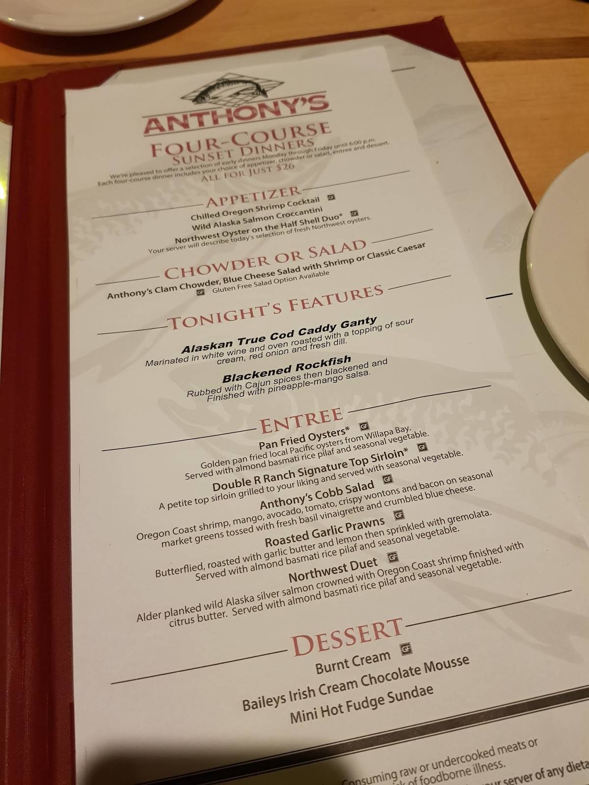 Menu at Anthony's at Spokane Falls steakhouse, Spokane