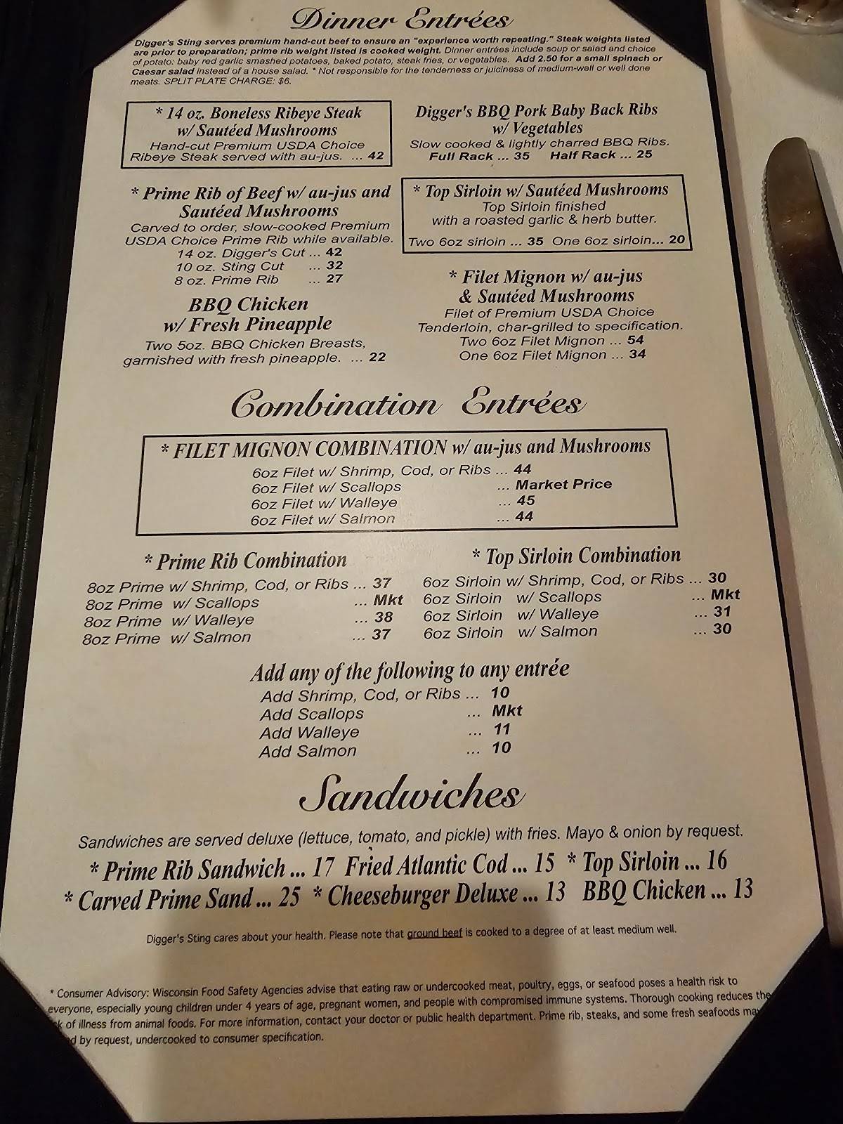 Menu at Digger's Sting Restaurant, La Crosse