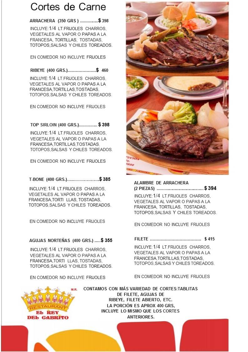 Menu at El Rey del Cabrito steakhouse, Monterrey, Constitución 2050
