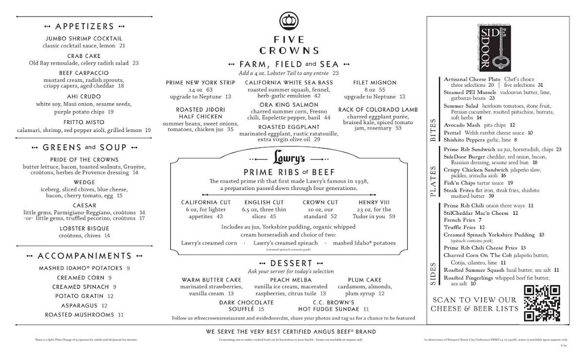 Menu at Five Crowns steakhouse, Newport Beach