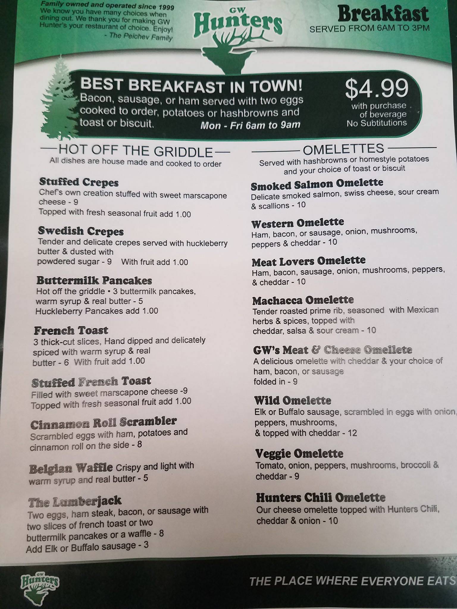 Menu at GW Hunters steakhouse, Post Falls