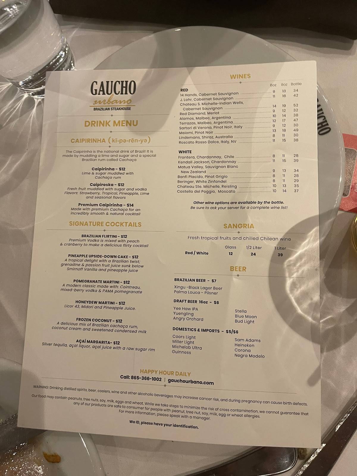 Menu at Gaucho Urbano - Brazilian Steakhouse, Pigeon Forge