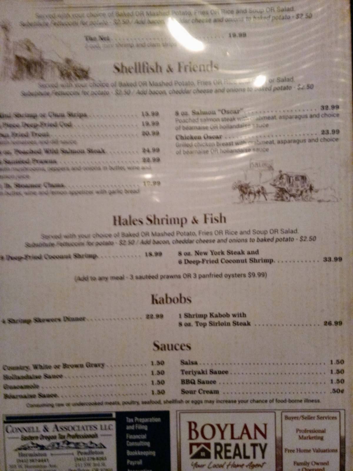 Menu at Hale's Tavern steakhouse, Hermiston