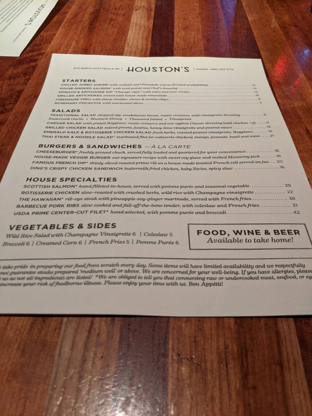 Menu at Houston's steakhouse, Scottsdale