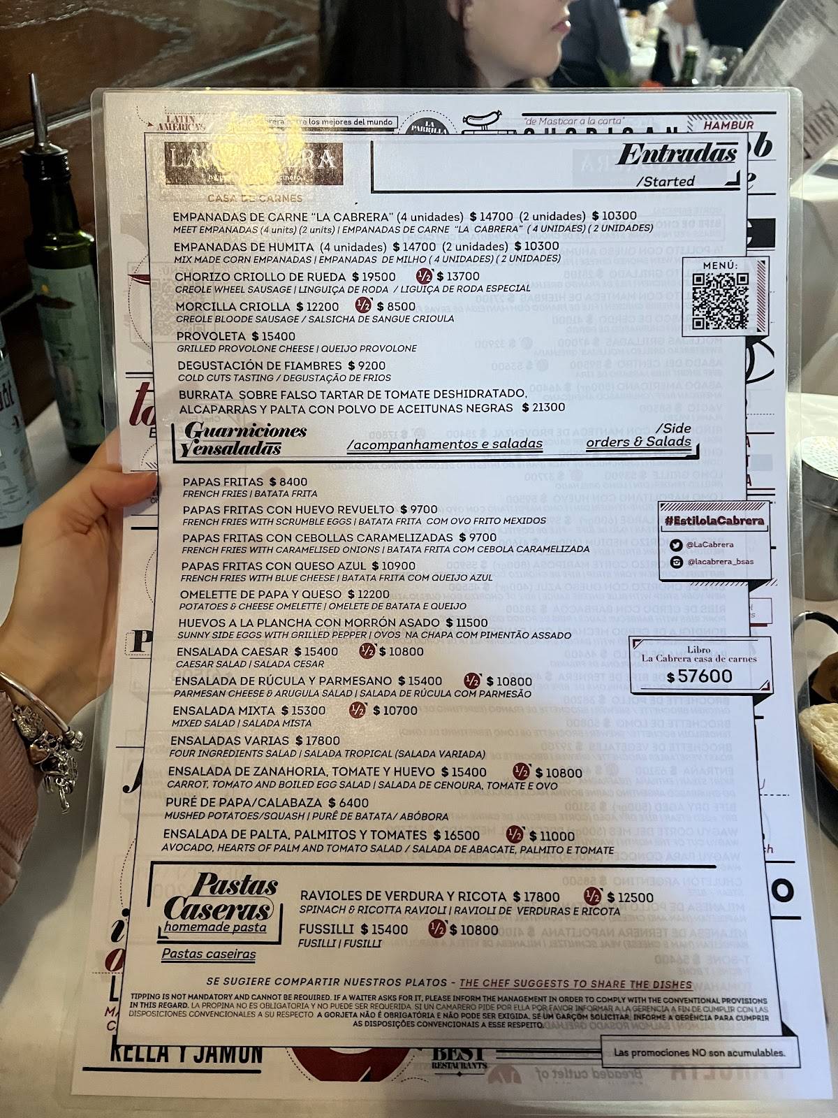 Menu at La Cabrera steakhouse, Buenos Aires, José A. Cabrera 5127