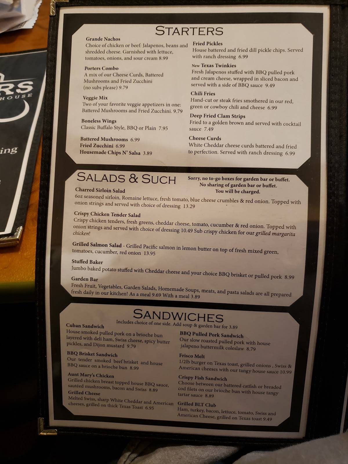 Menu at Porter's Restaurant and Smokehouse, Farmington