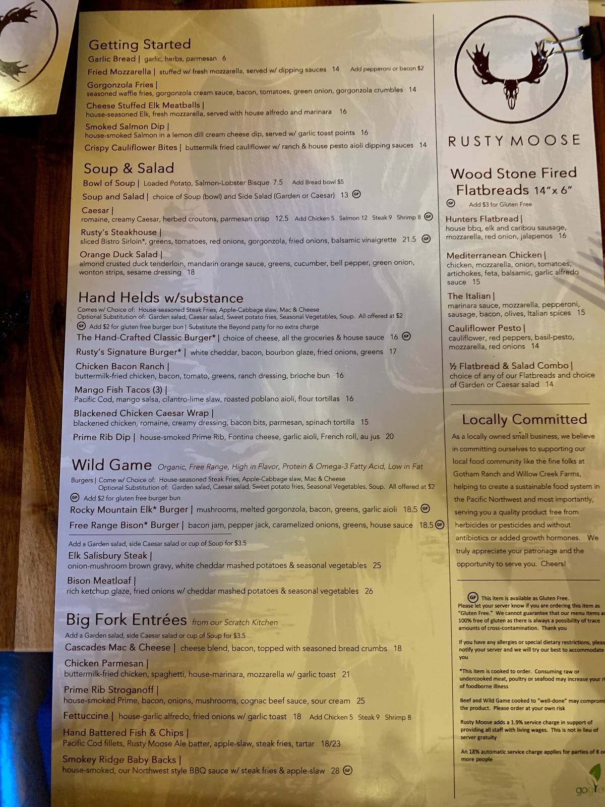 Menu at Rusty Moose steakhouse, Spokane, 9105 US-2